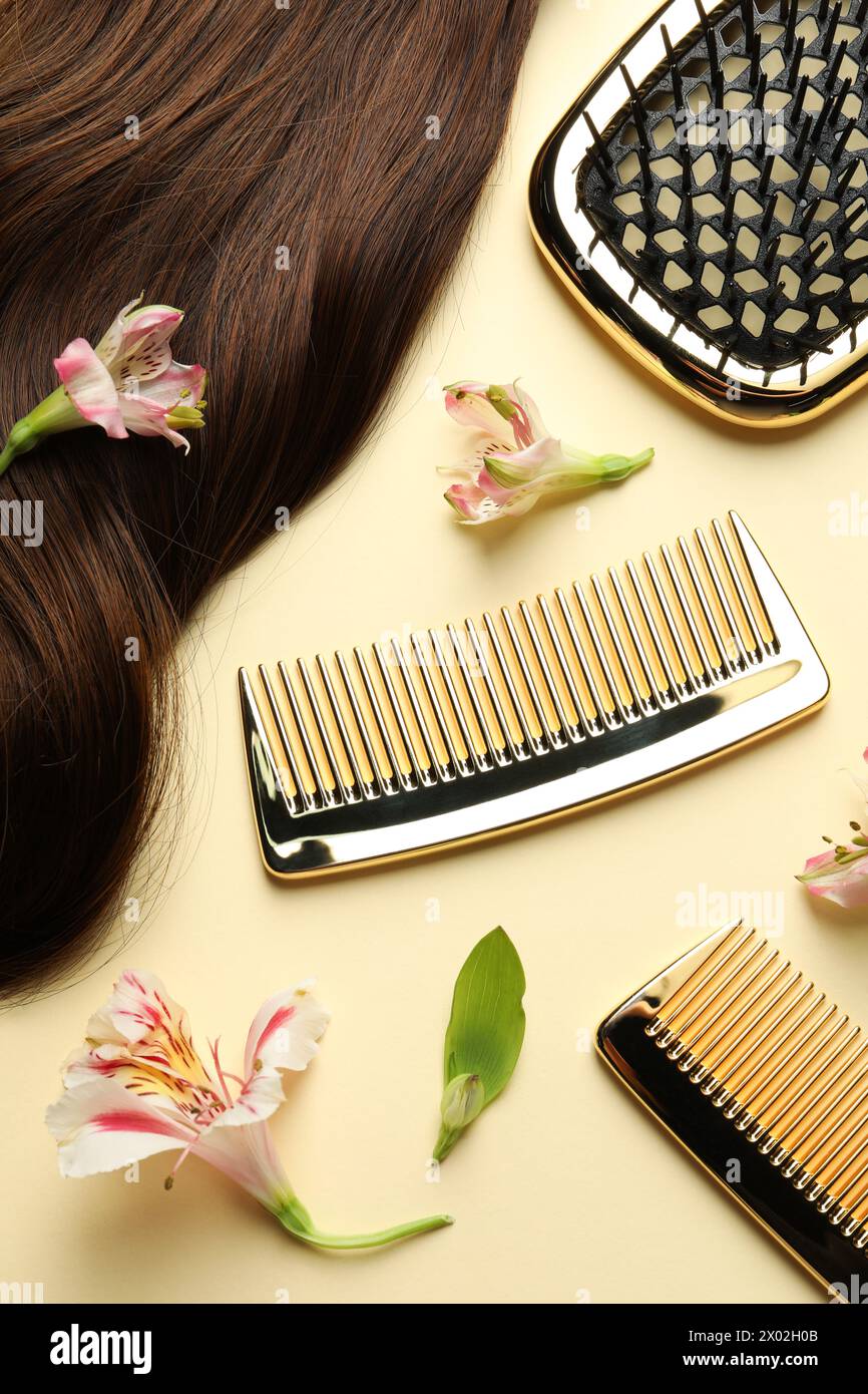 Hairdresser tools. Brown hair lock, combs, brush and flowers on pale ...