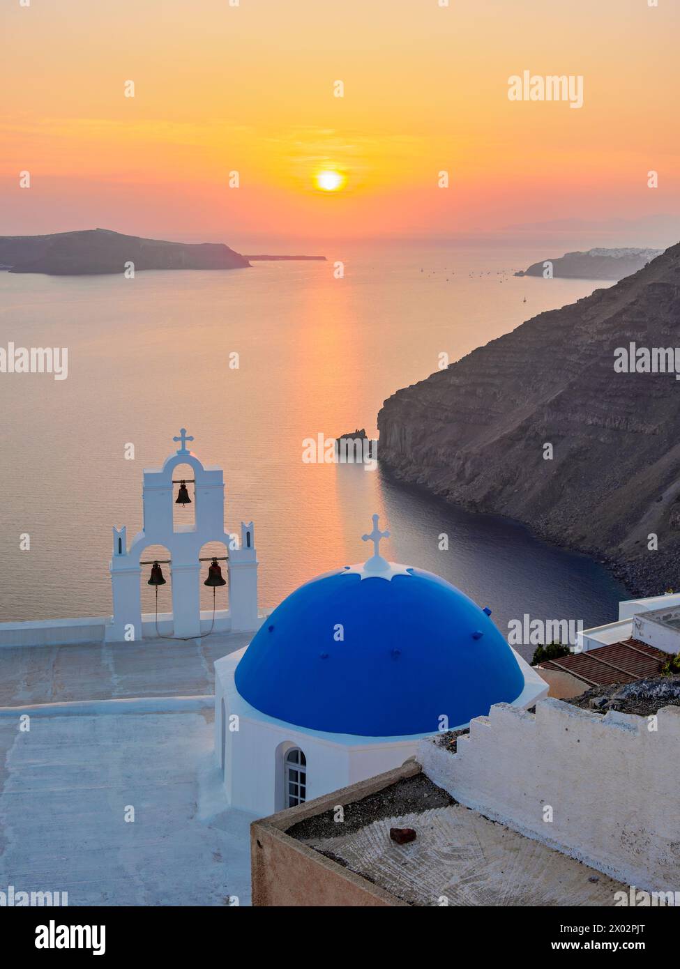 Three Bells of Fira, iconic blue domed church at sunset, Fira ...