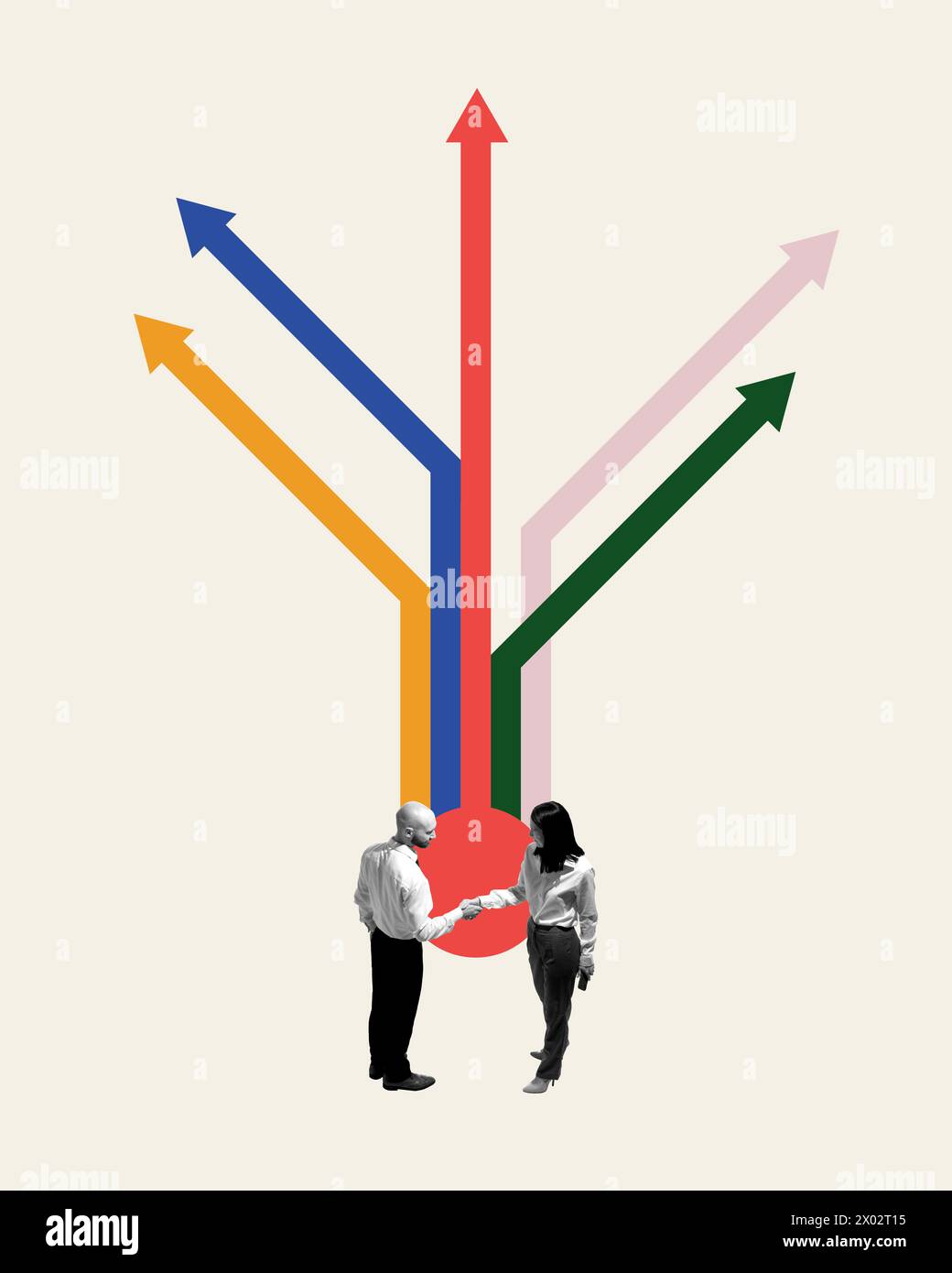 Man and woman, employees shaking hands over multicolored arrows going ...