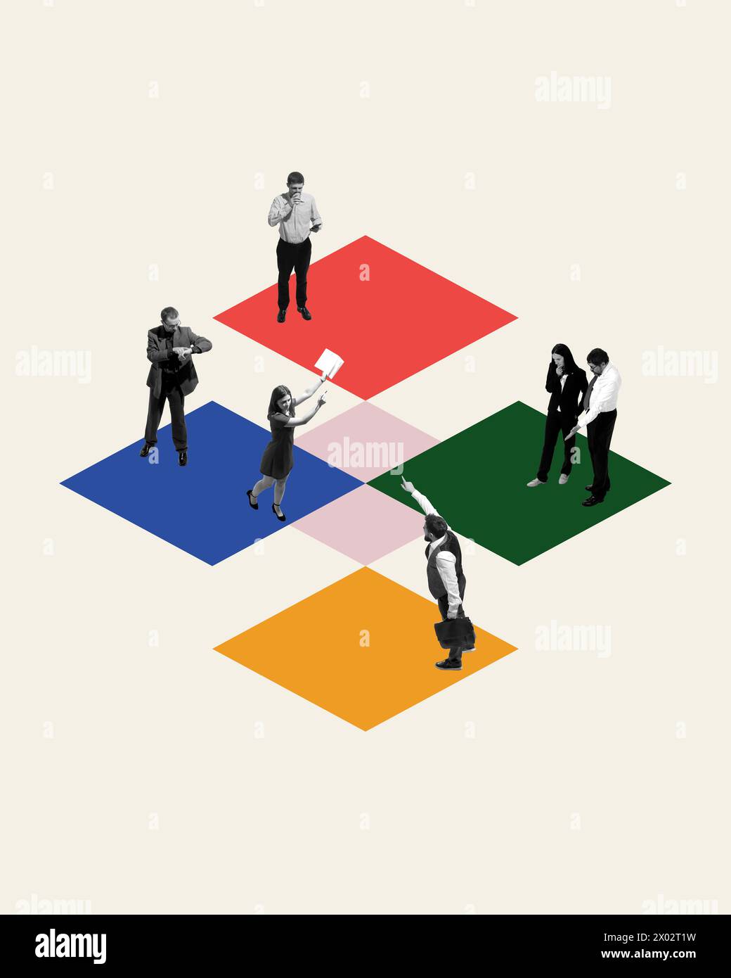 Employees standing on multicolored blocks, each immersed in different ...