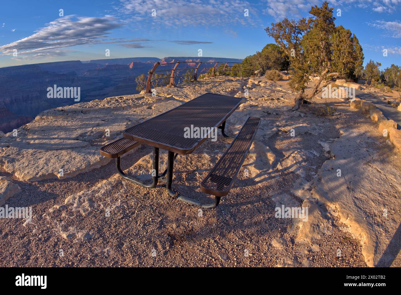 A steel picnic table near a cliff on the west side of Mohave Point at ...