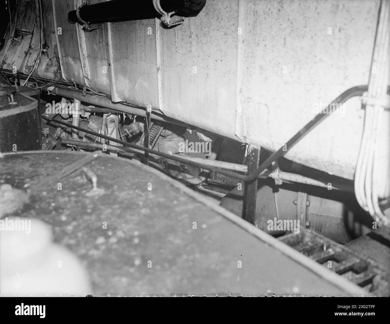 Inside the engine room of HMCS Matane, a River-class frigate, showing ...
