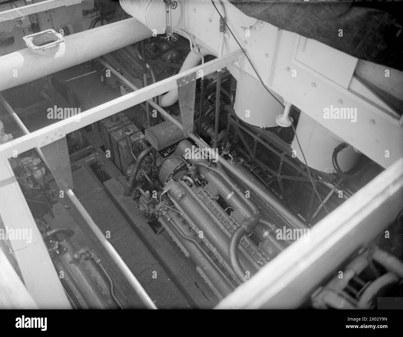 Engine room of a D-class Fairmile MTB at Yarmouth on 18 April 1945 ...