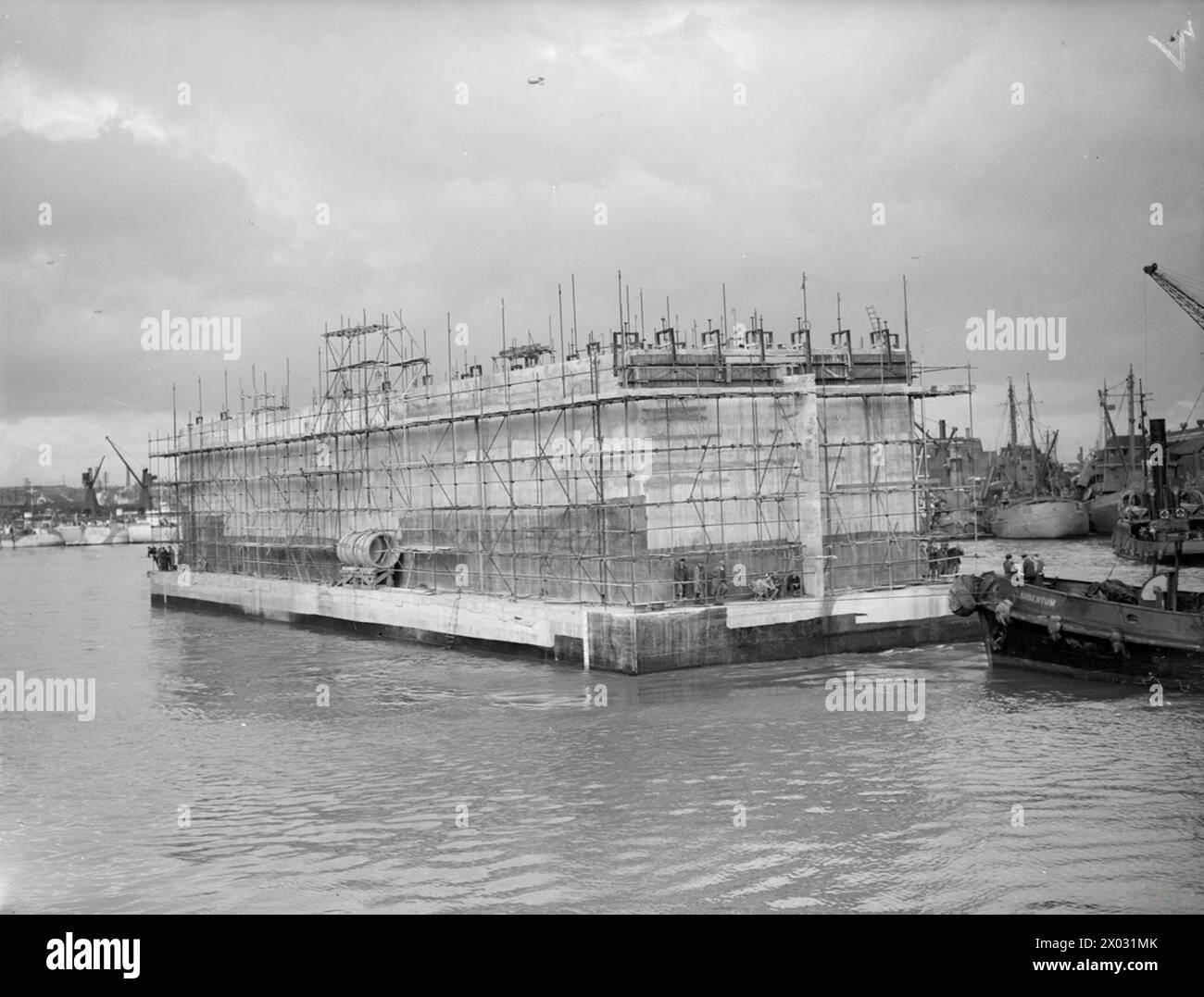 Prefabricated Mulberry Harbour sections, including concrete caissons ...