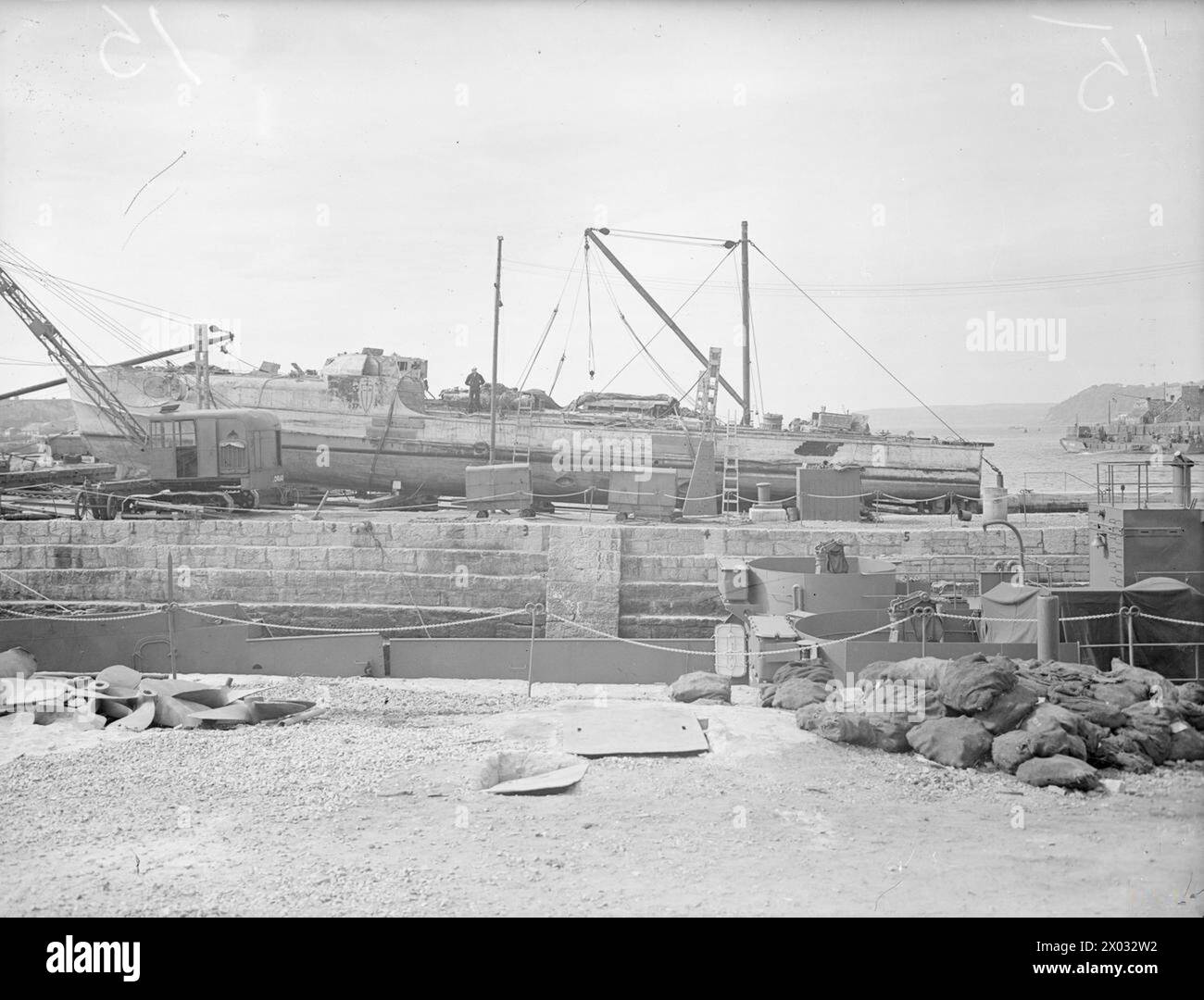 A recovered German E-boat is displayed on a slipway in Plymouth on 24 ...
