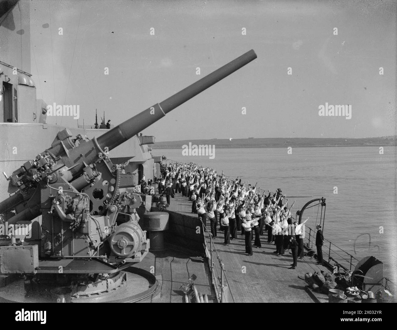 ON BOARD THE BATTLESHIP HMS RODNEY. 1940, ON BOARD THE BRITISH BATTLESHIP. - Physical drill on ...