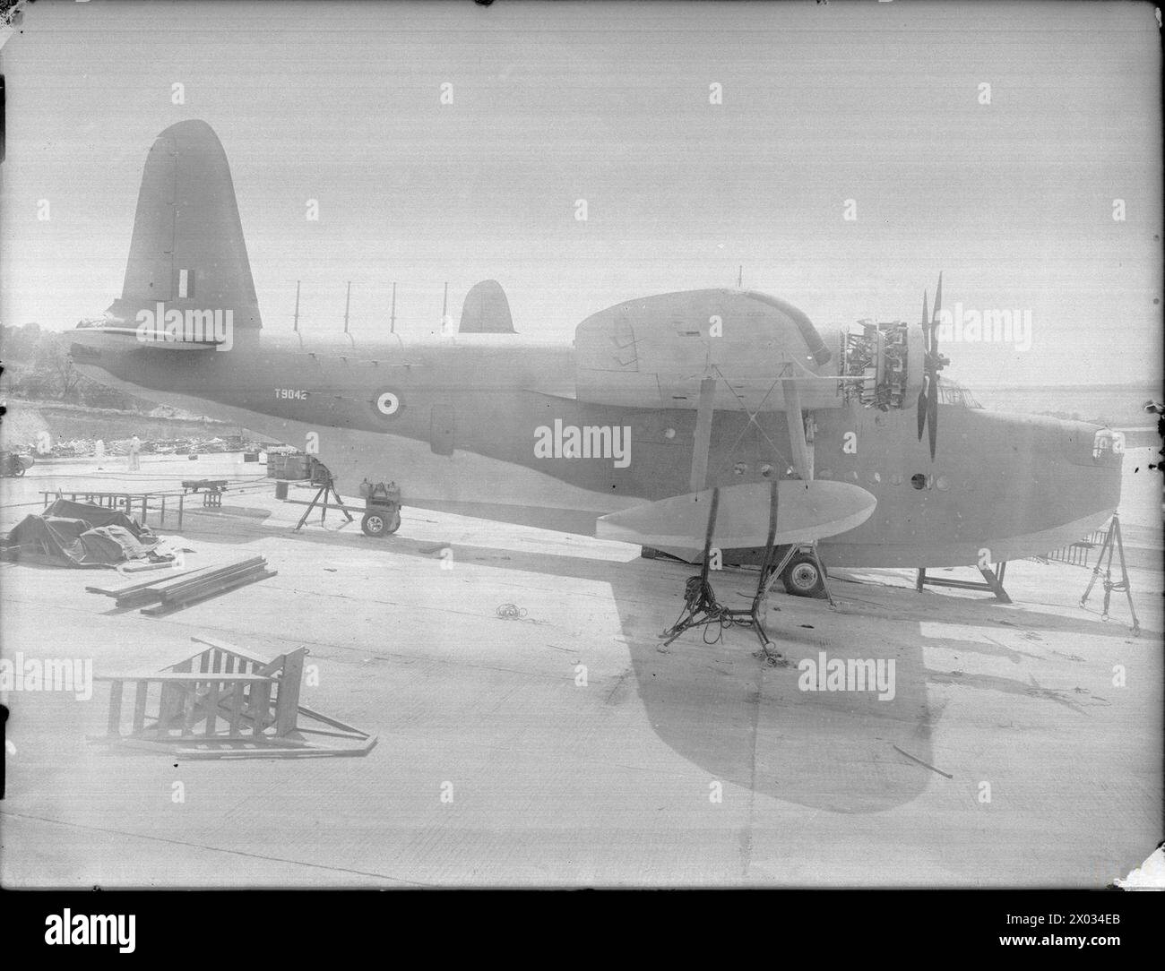 Sunderland Mark I, T9042, is shown undergoing conversion to the Mark III prototype at Short ...