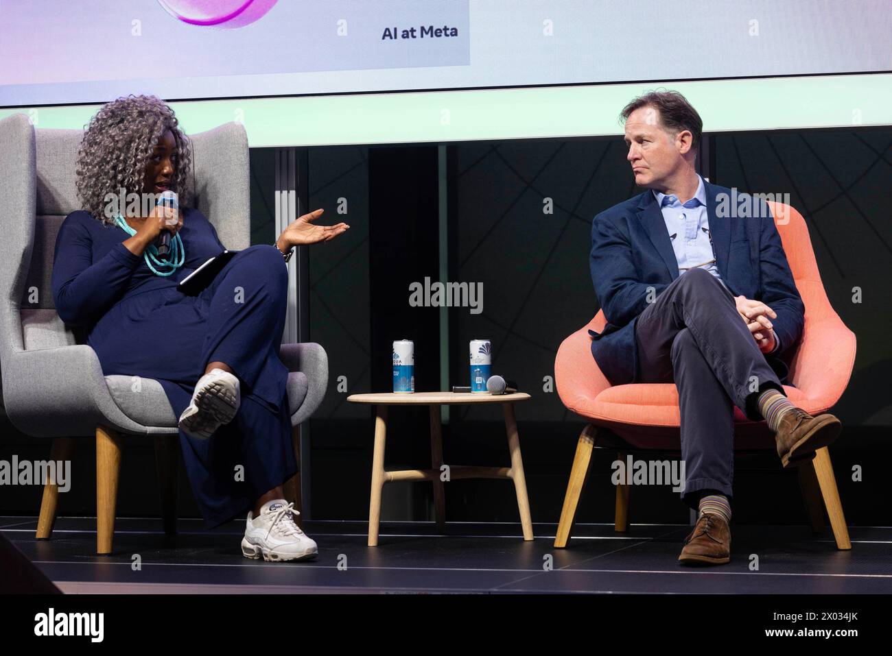 EDITORIAL USE ONLY Dr Anne-Marie Imafidon speaks with Nick Clegg, President, Global Affairs at ...