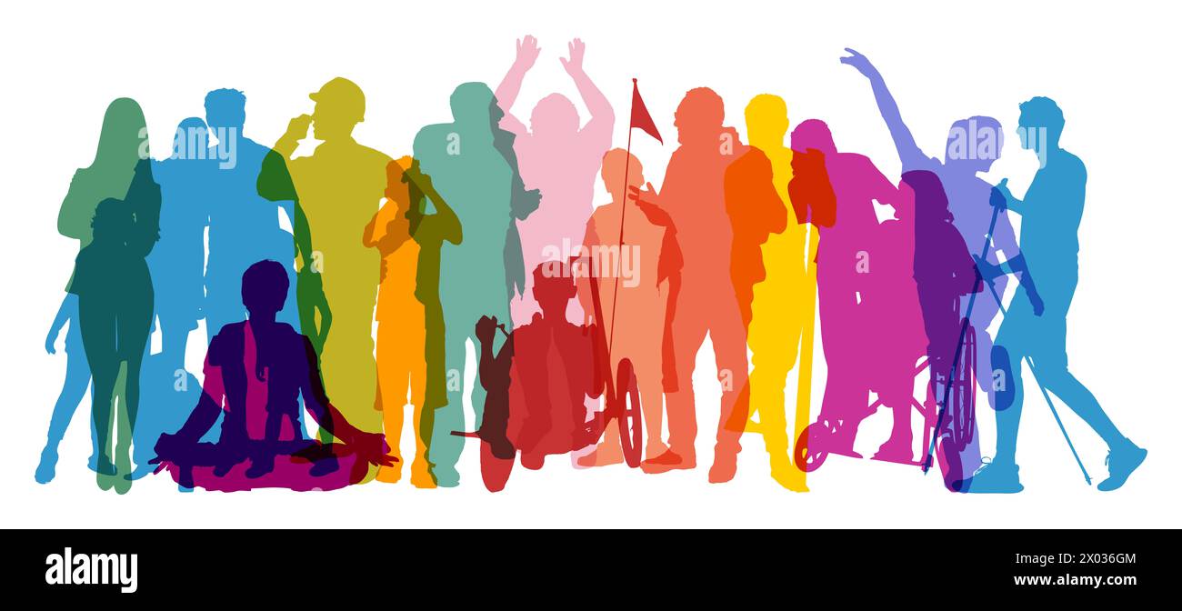 Panorama of active people of different generations as colorful ...