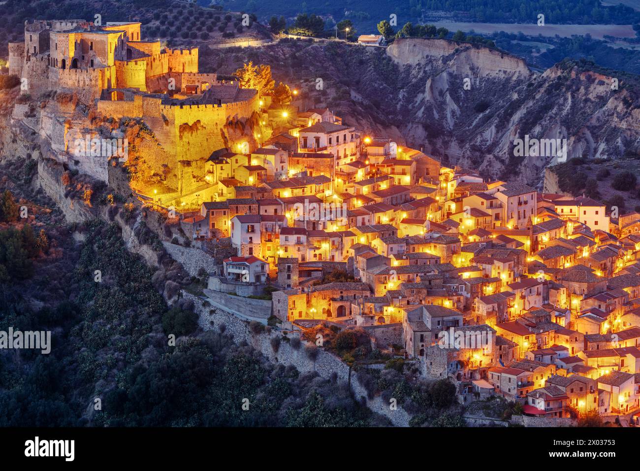 Rocca Imperiale, Italy hilltop town at night in the Calabria Region ...