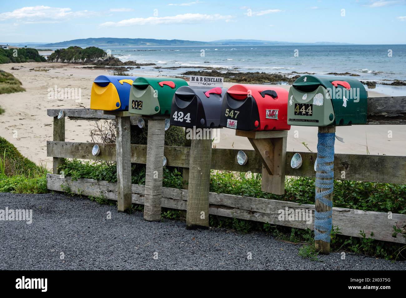 Mail boxes at Molyneux Bay, The Catlins, Otago, South Island, New ...