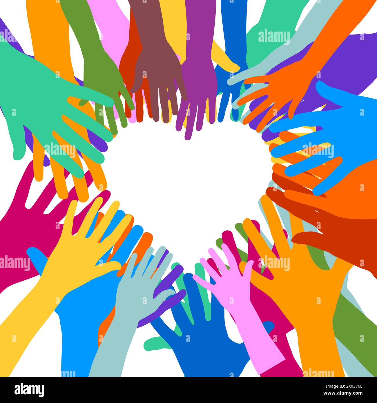 Many colorful hands forming heart as text free space as cohesion ...