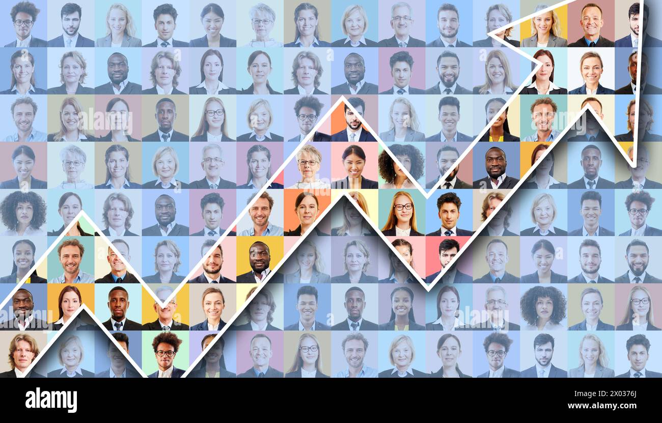 Rising arrow in front of collage of business people as business growth ...