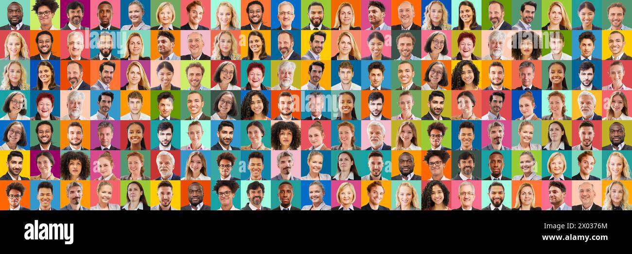 Colorful panorama of business people in front of monochrome backgrounds ...
