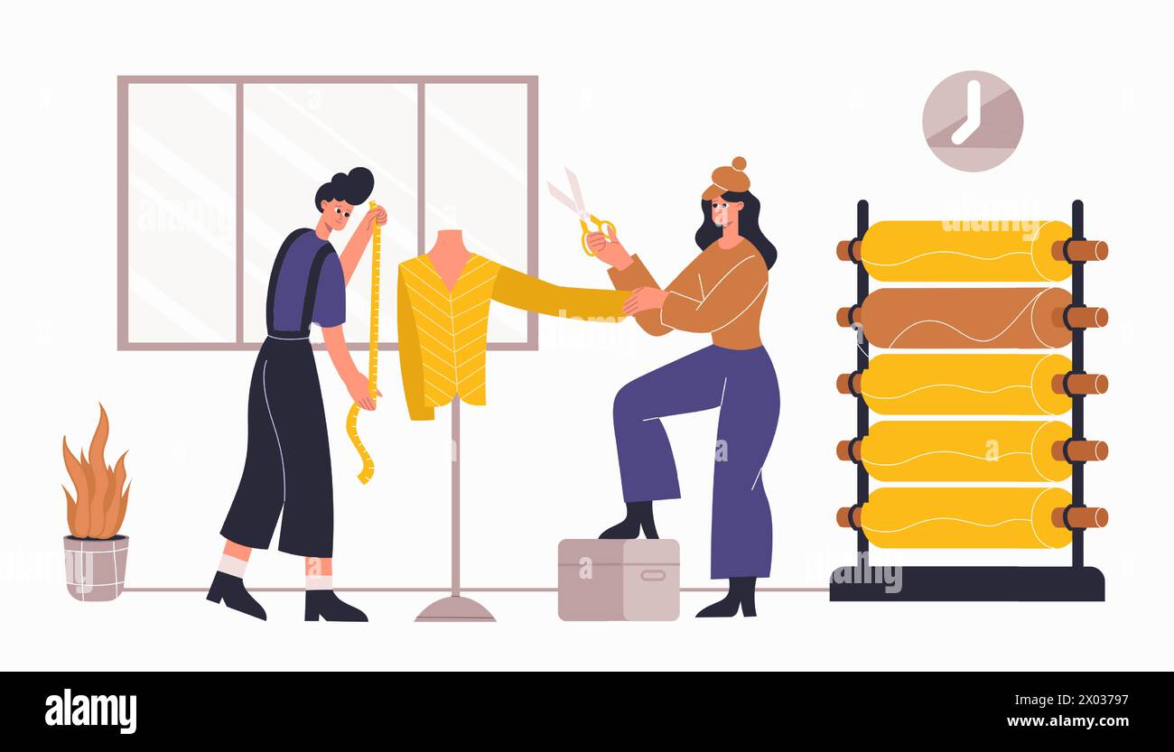 Fashion atelier workers, tailoring and sewing clothes Stock Vector ...