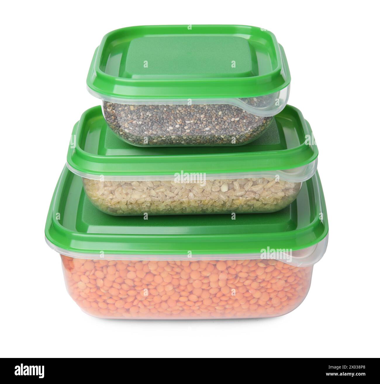 Plastic containers filled with food products isolated on white Stock ...