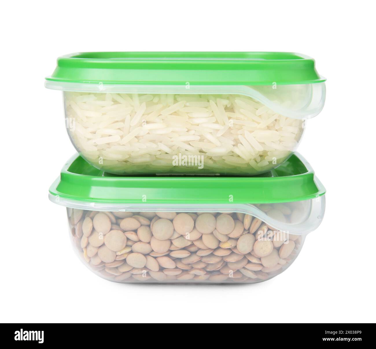 Plastic containers filled with food products isolated on white Stock ...