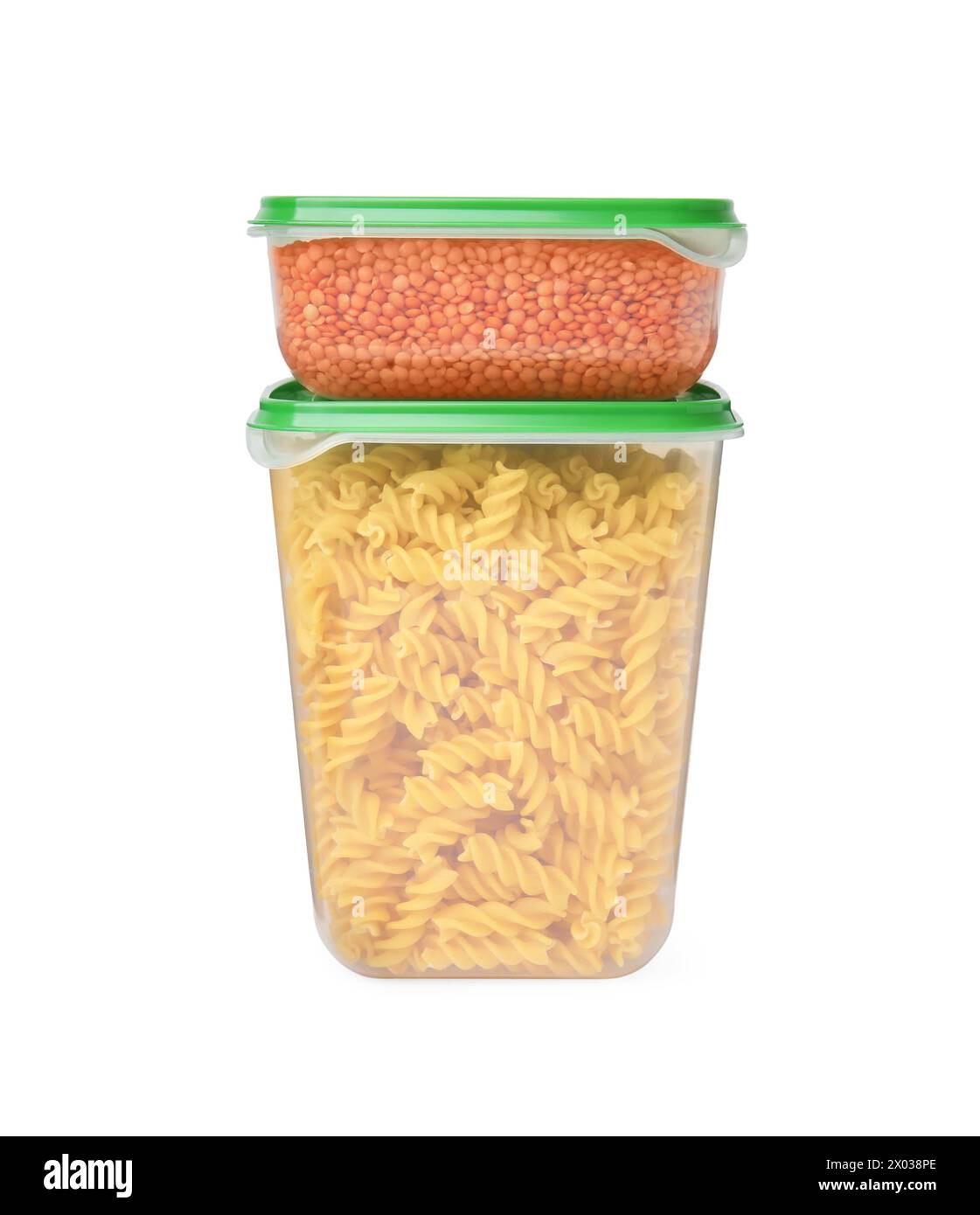 Plastic containers filled with food products isolated on white Stock ...