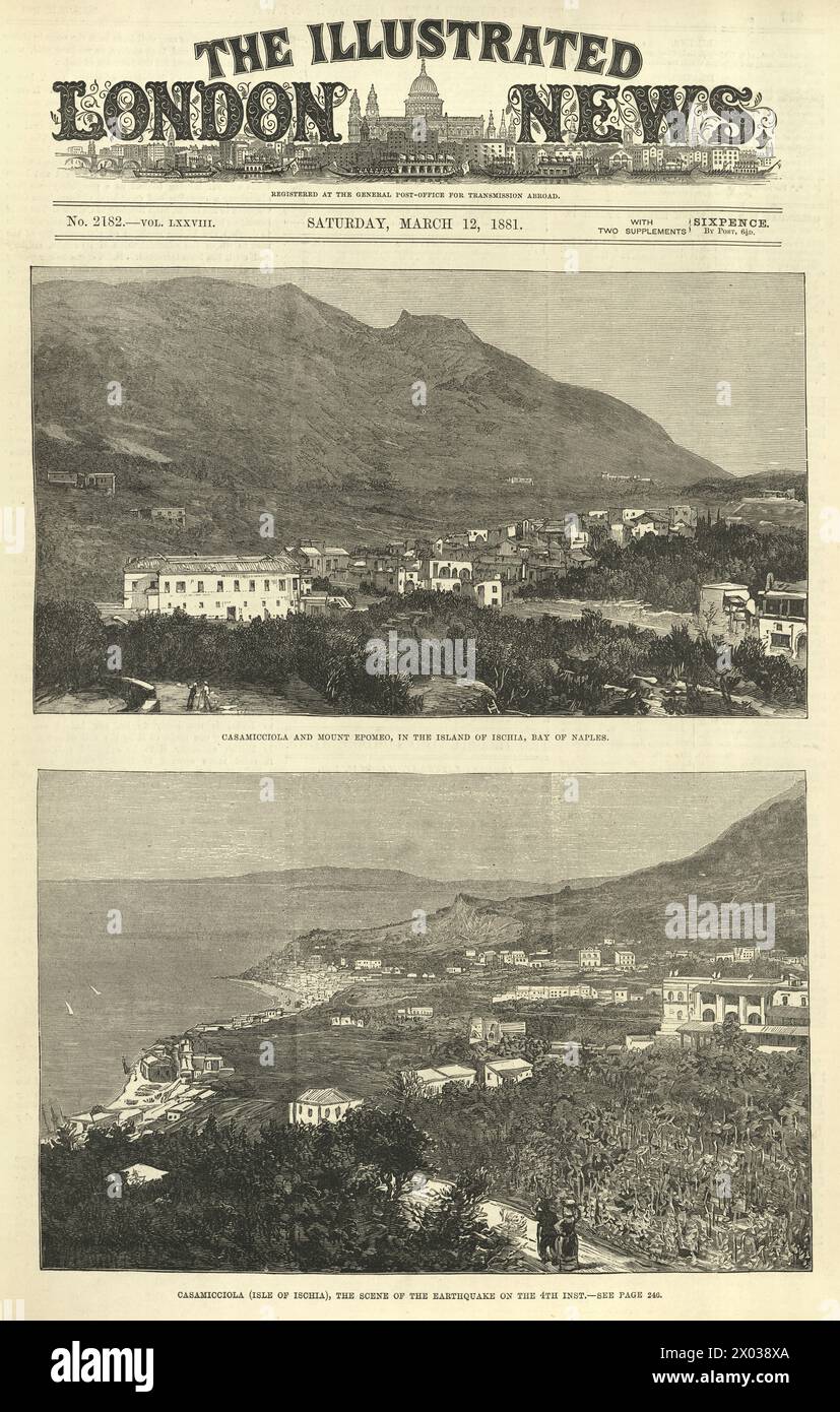 Old Newspaper page, Front page, Island of Ischia, Bay of Naples, 1881 ...