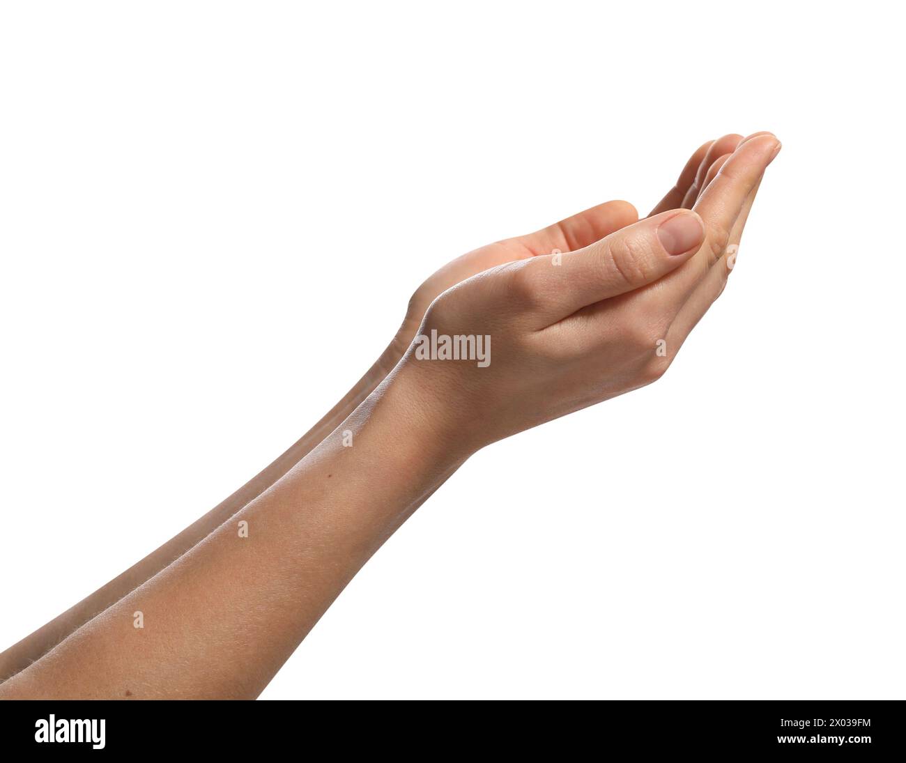 Religion. Woman with open palms praying on white background, closeup ...