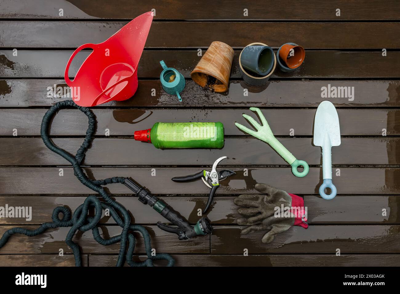 Gardening tools and accessories on a dark plank floor wet from a spring ...