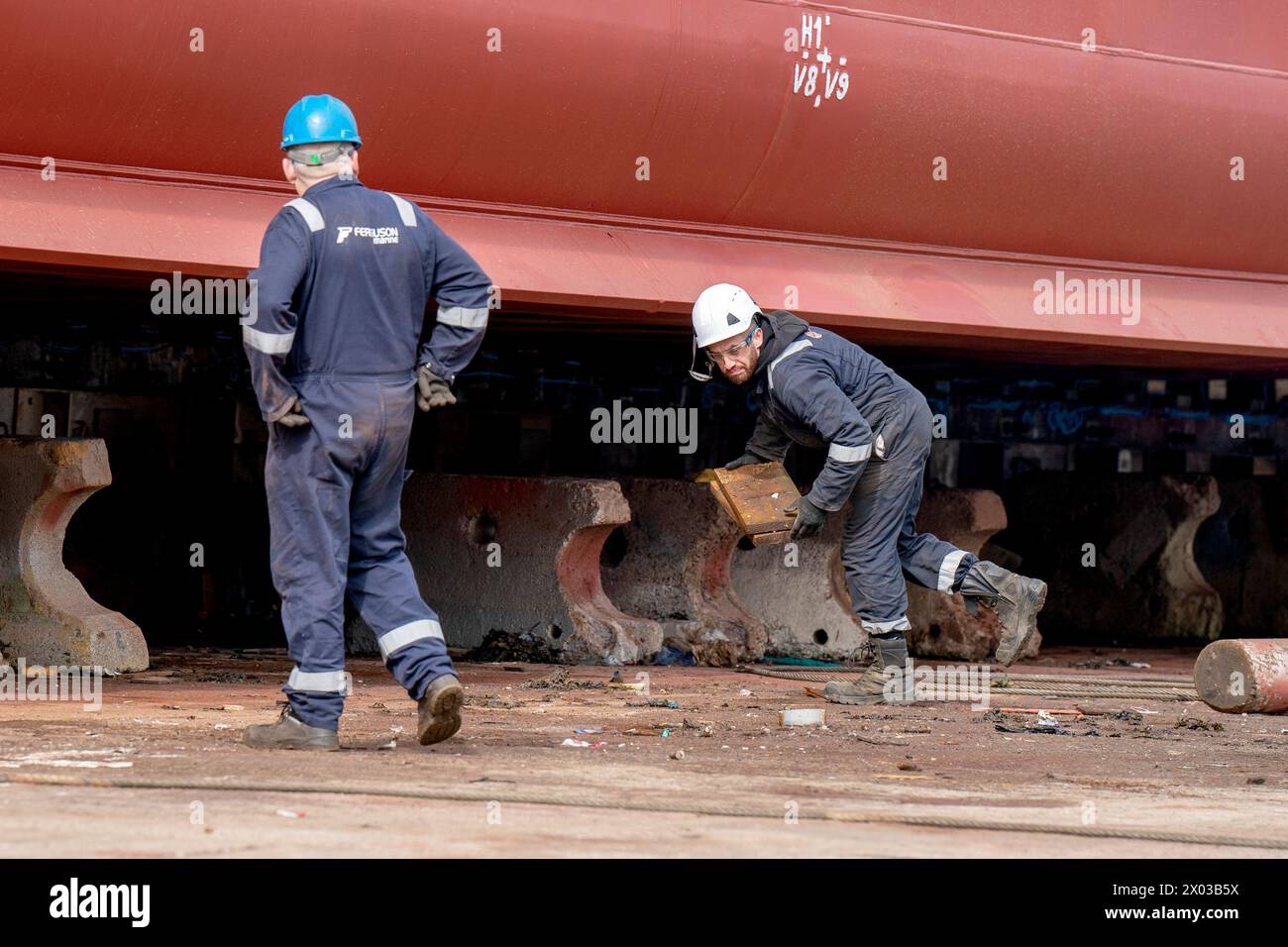 Workers make final preparations before the launch of the MV Glen Rosa ...