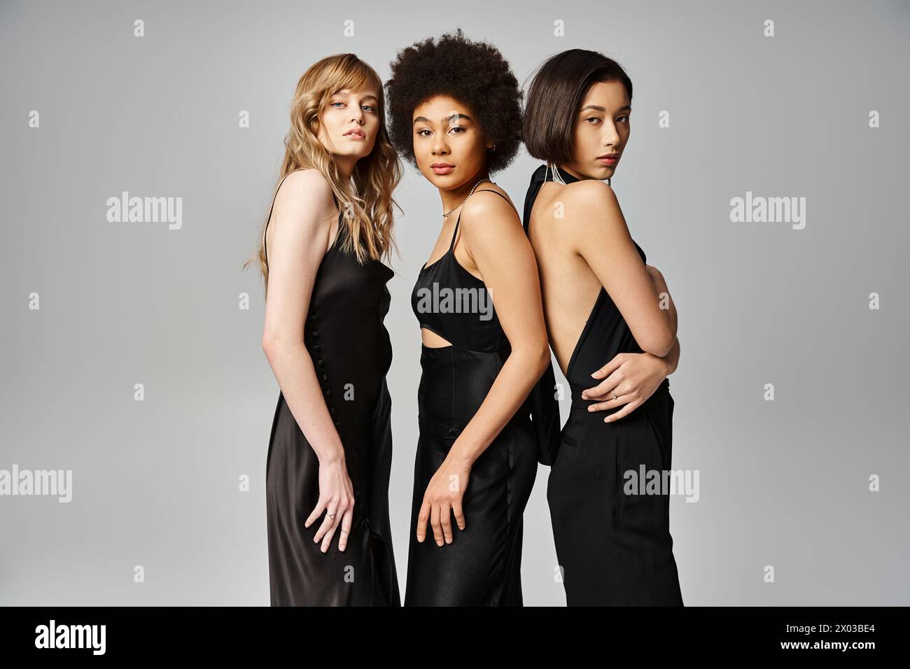 A multicultural group of beautiful women in elegant attire stand side ...
