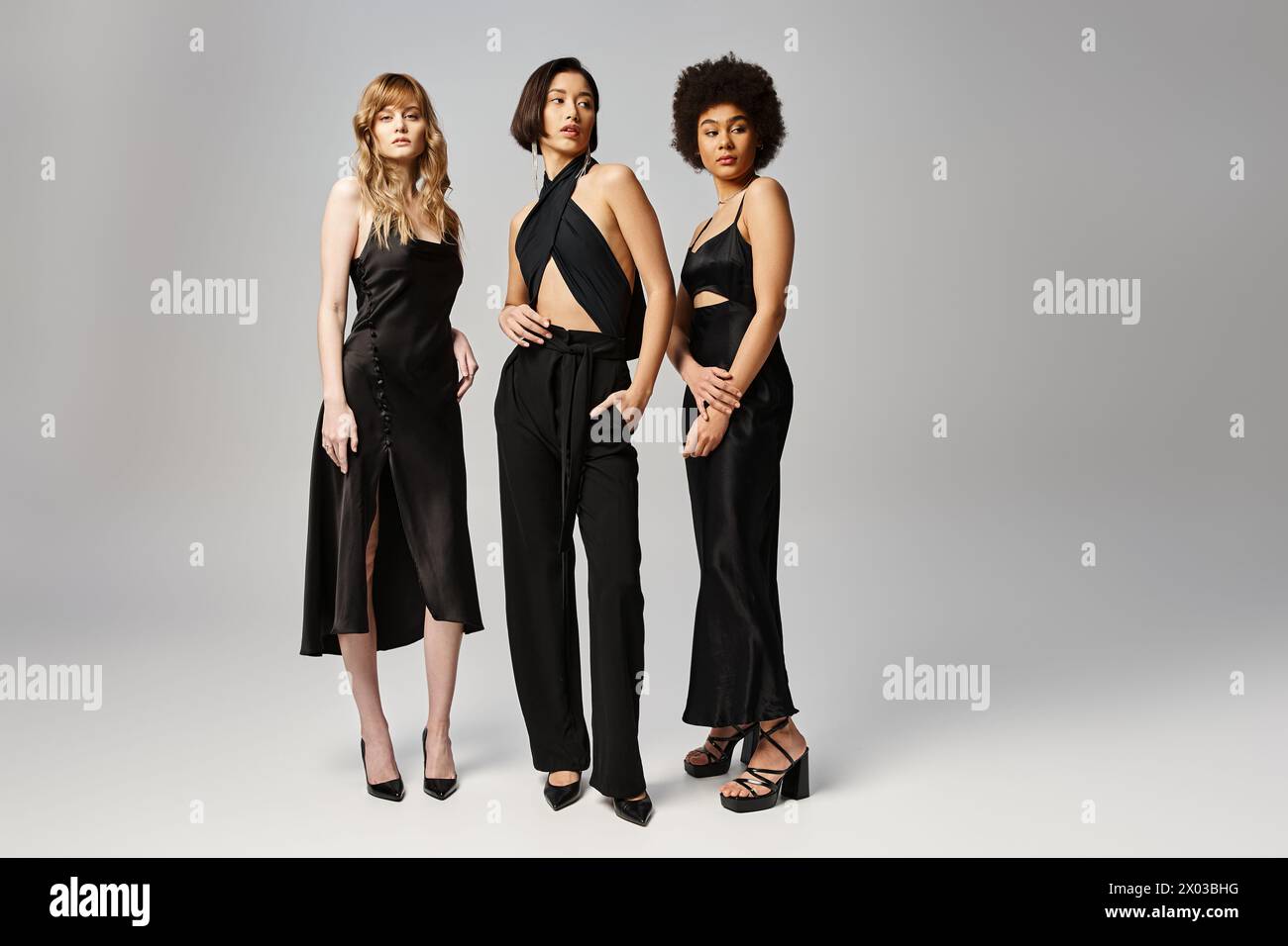 A diverse group of elegant women standing together in a studio ...