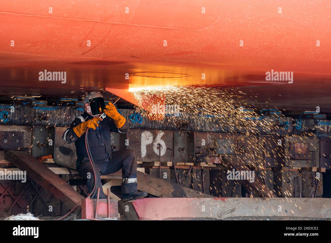 Workers make final preparations before the launch of the MV Glen Rosa ...