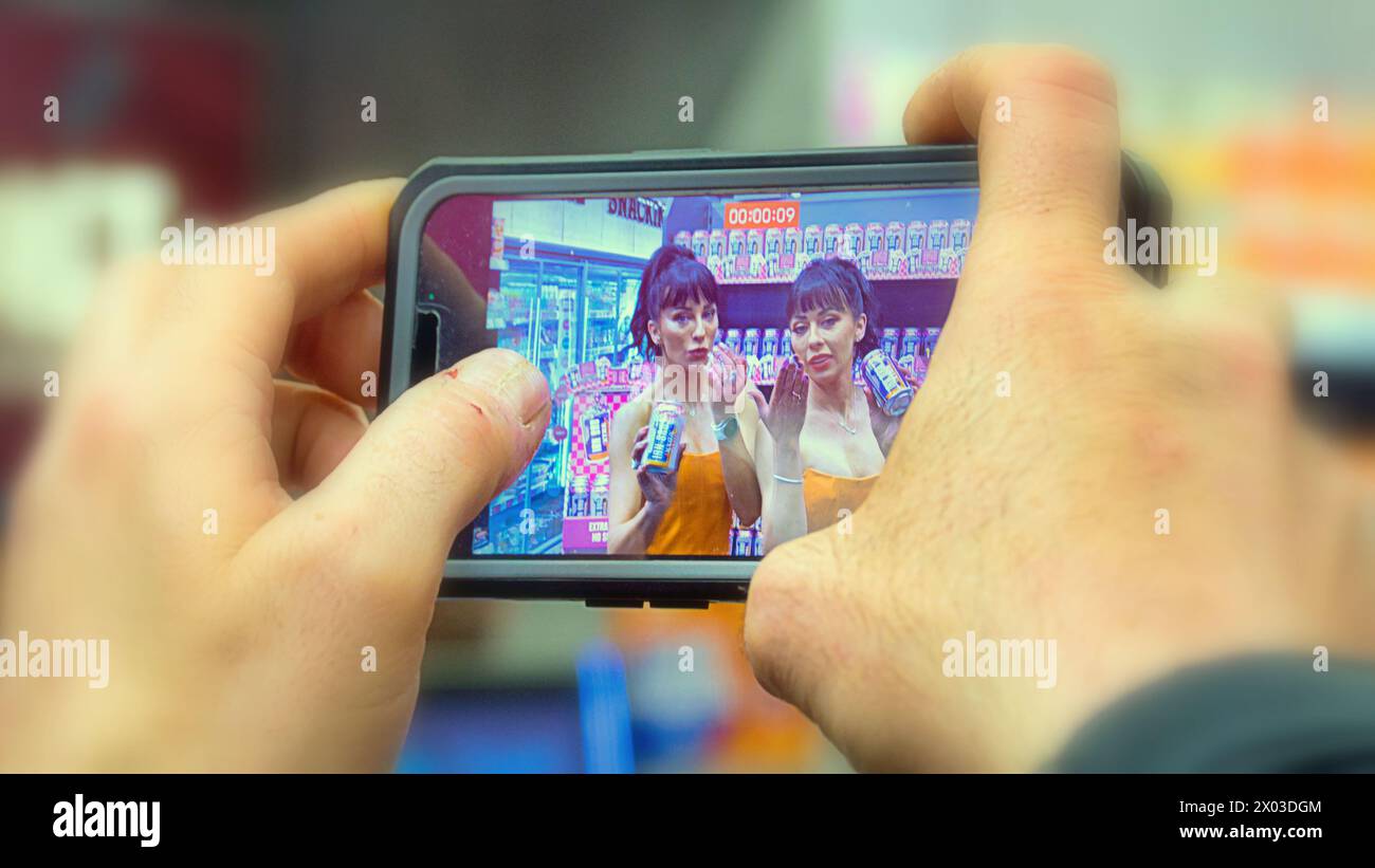 Glasgow, Scotland, UK. 9h April, 2024: Nisa Local on Hope Street Noughties pop icons the “cheeky ...