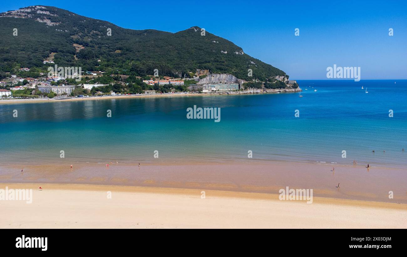 Aerial view of Playa de San Martín sandy beach, the azure waters of ...