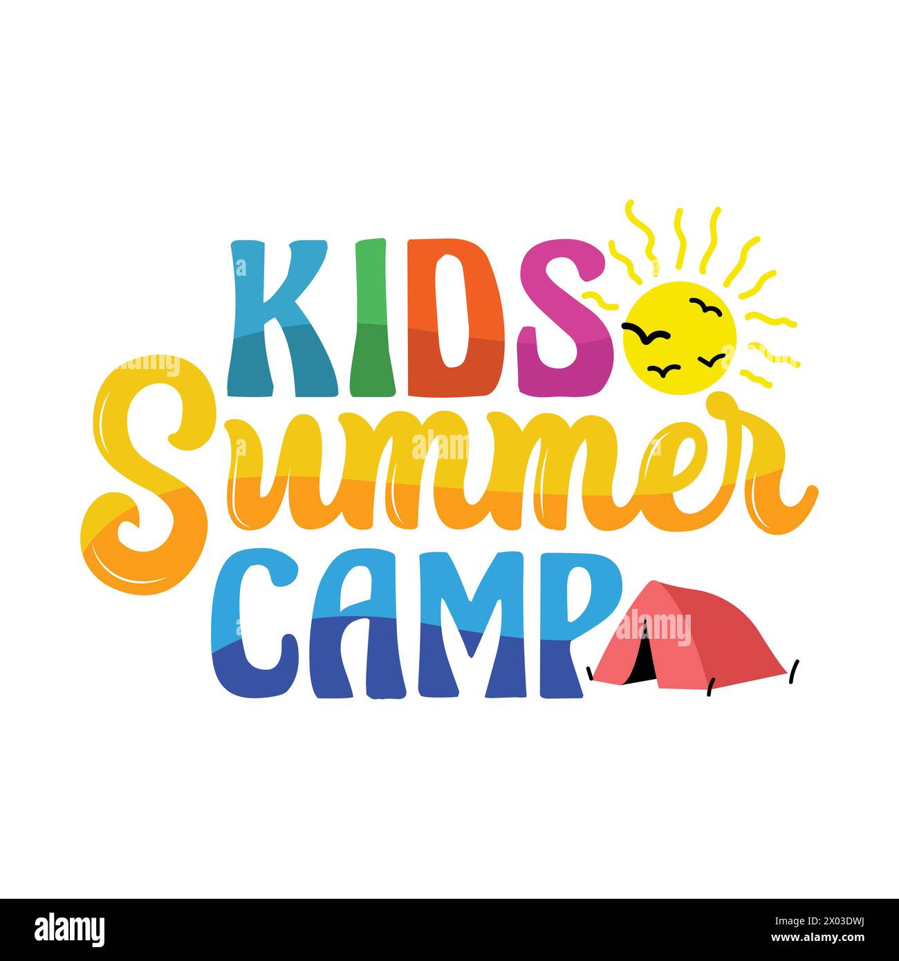 Kids Summer camp colorful poster design with sun, birds, tent vector ...