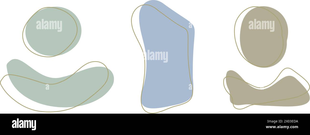 Set of organic irregular blob shapes with stroke line. Blue gray random ...