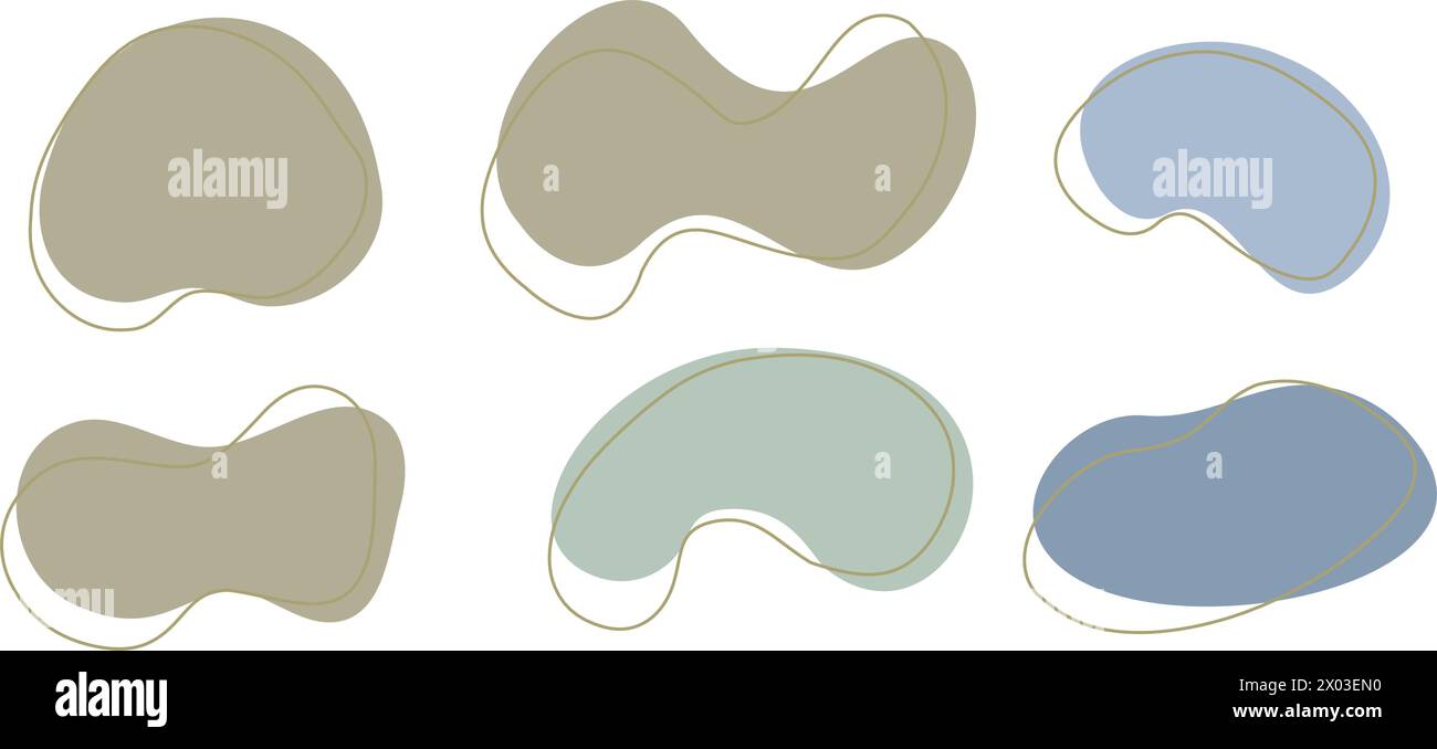 Set of organic irregular blob shapes with stroke line. Blue gray random ...