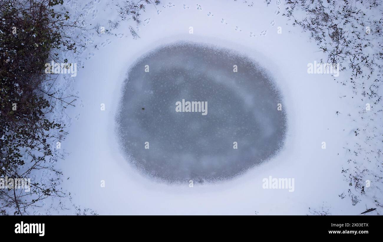 Frozen lake with snow and trees captured with drone Stock Photo - Alamy