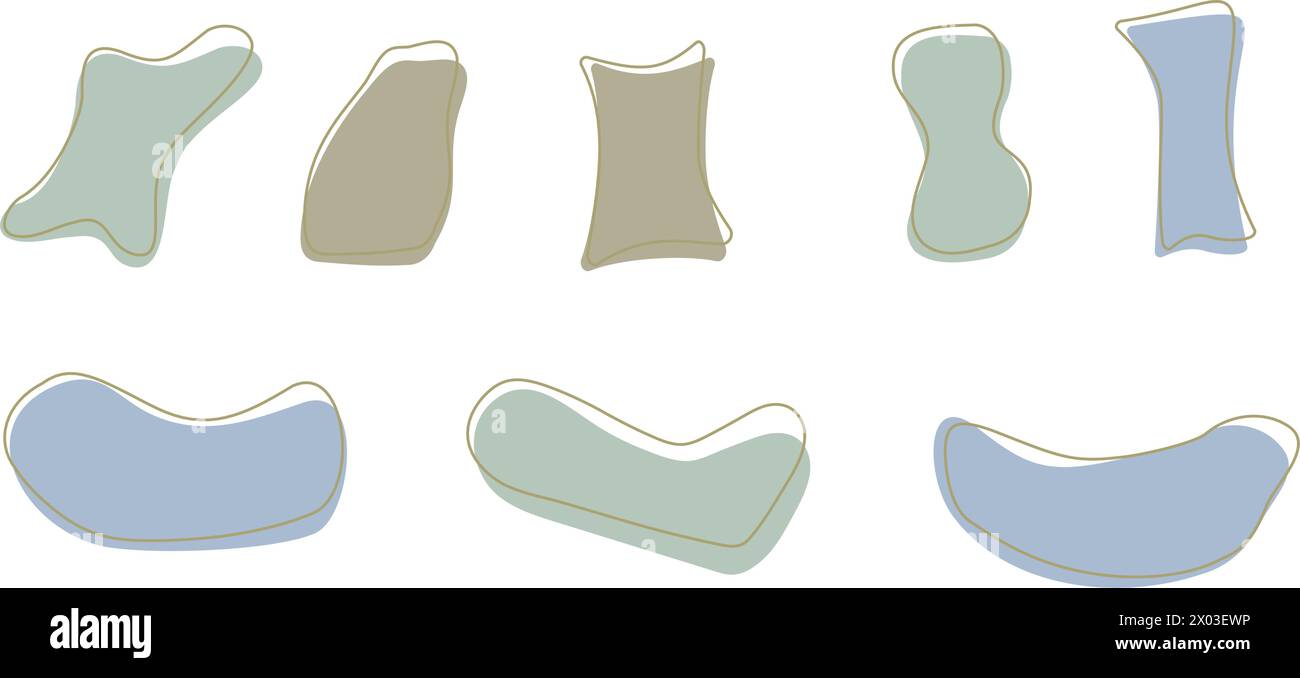 Set of organic irregular blob shapes with stroke line. Blue gray random ...