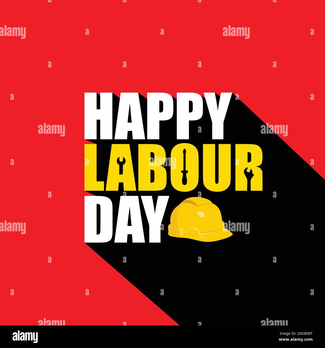 Happy Labour Day creative concept with bold text and Labour elements on red background. Safety ...