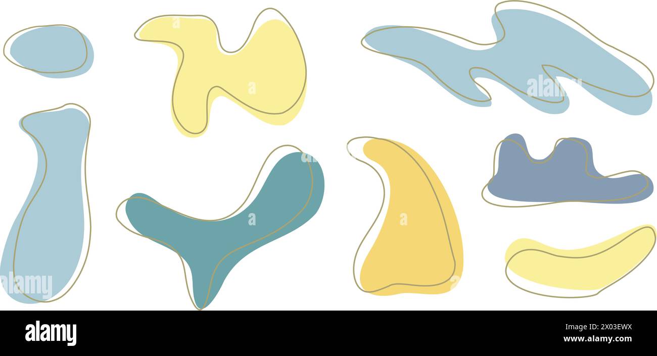 Set of organic irregular blob shapes with stroke line. Green gray ...