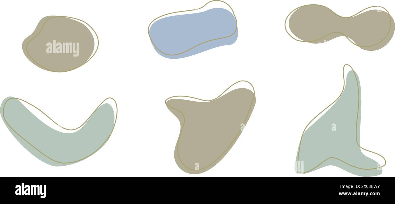 Set of organic irregular blob shapes with stroke line. Blue gray random ...