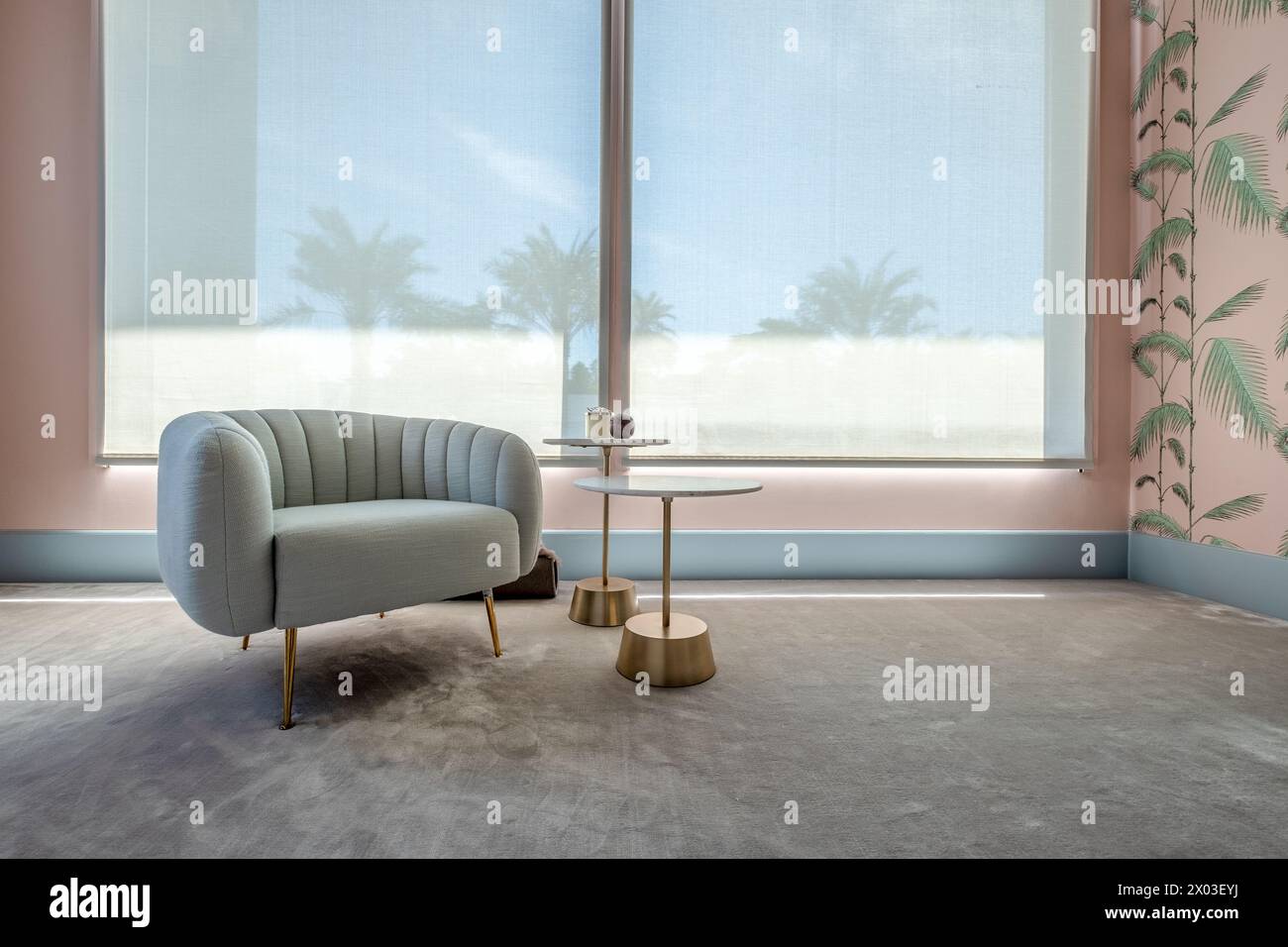 HAMALA, BAHRAIN - MARCH 02, 2019: Interior view of an armchair and side ...