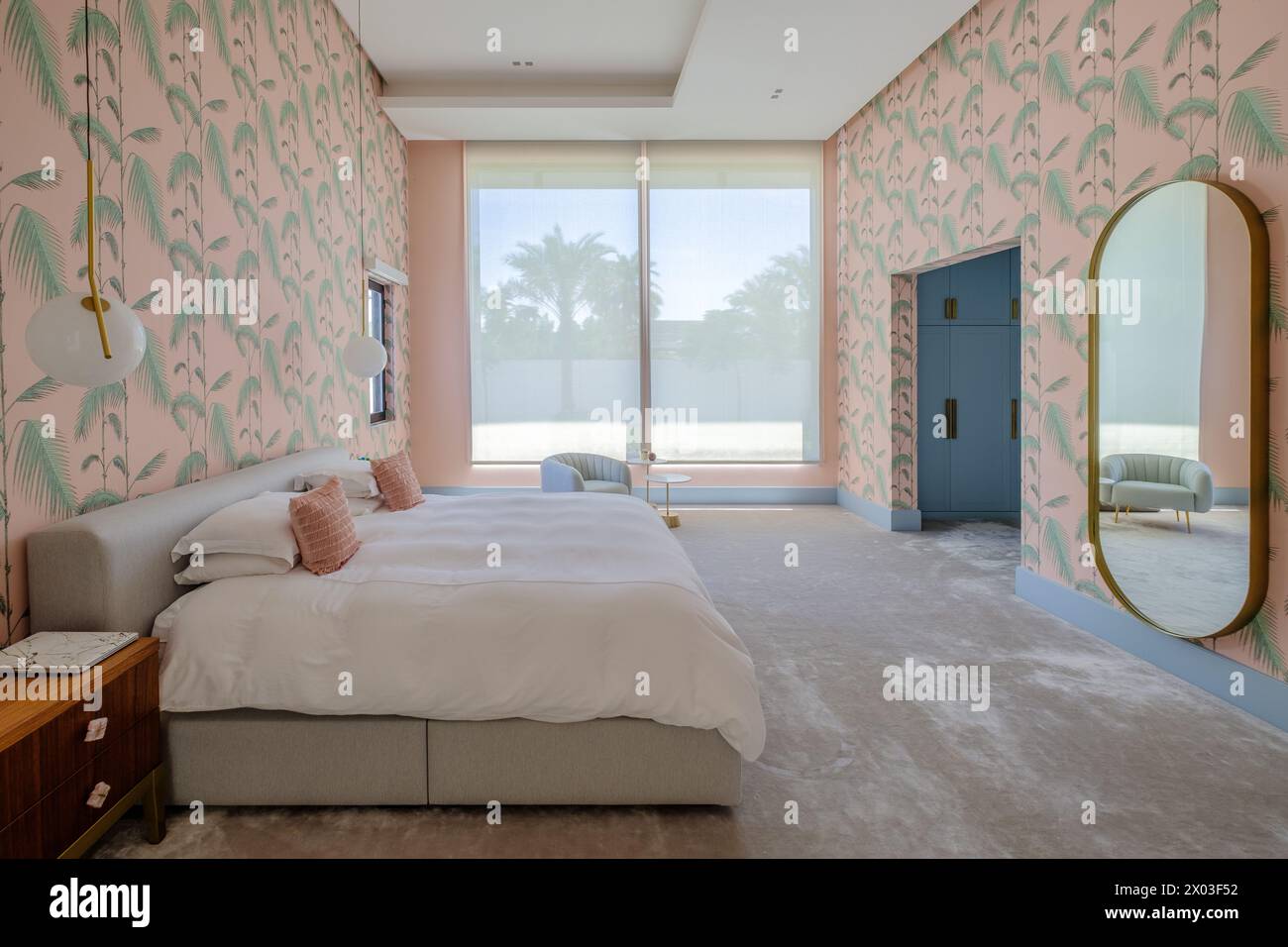 HAMALA, BAHRAIN - MARCH 02, 2019: Interior view of a bedroom with silk ...