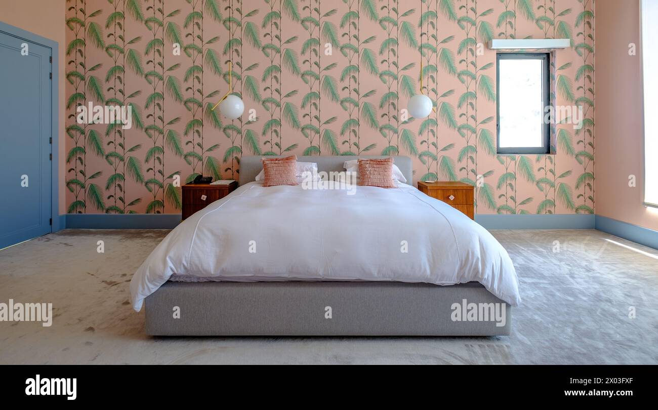 HAMALA, BAHRAIN - MARCH 02, 2019: Interior view of a bedroom with silk ...