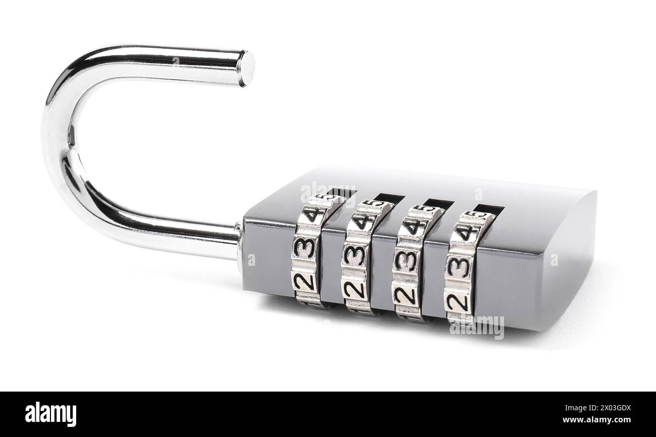 Unlocked steel combination padlock isolated on white Stock Photo - Alamy