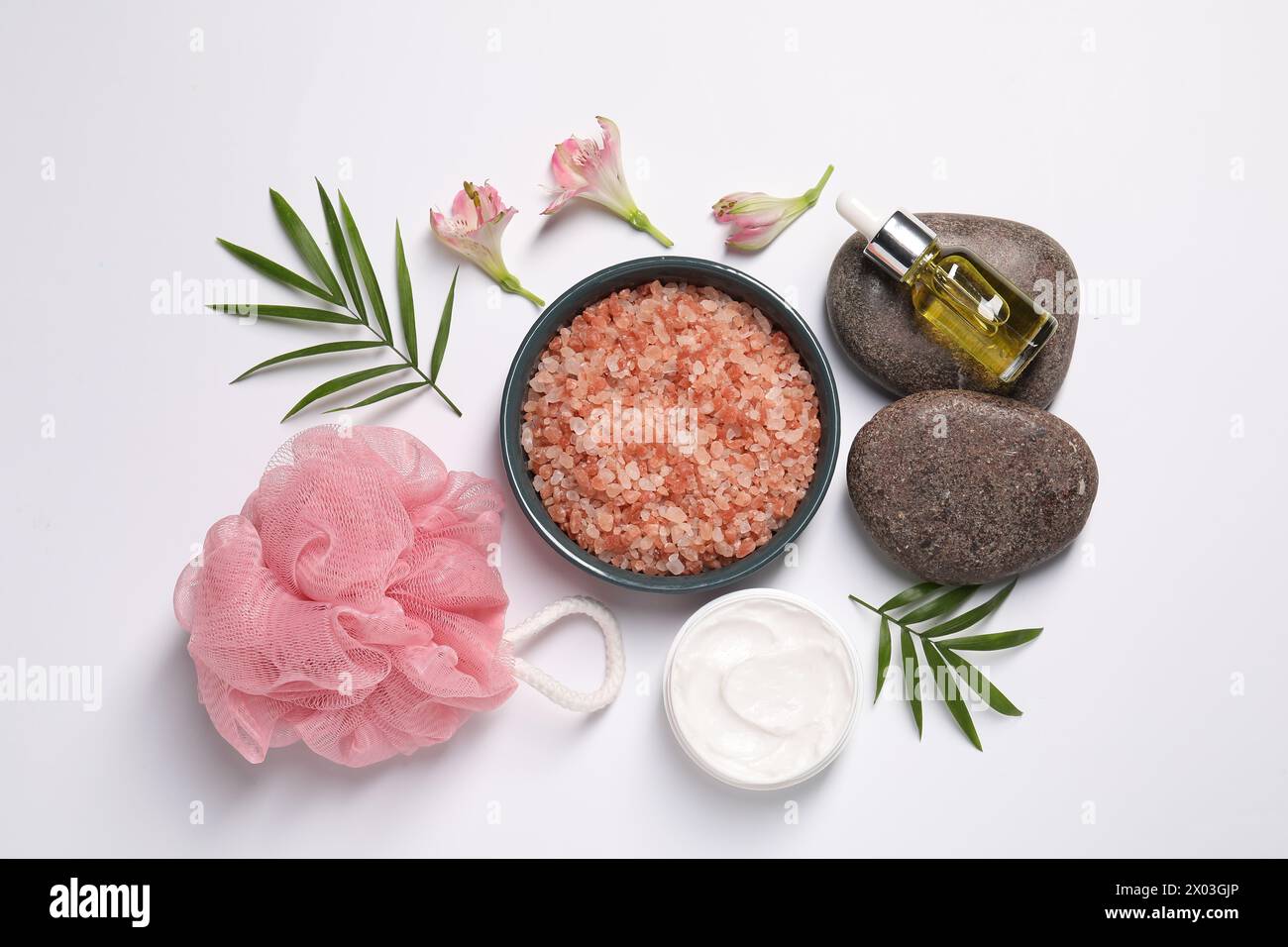 Flat lay composition with natural sea salt on white background Stock ...