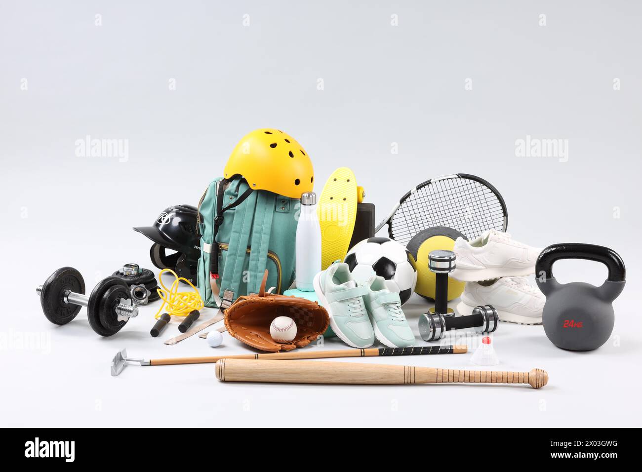 Many different sports equipment on light grey background Stock Photo ...