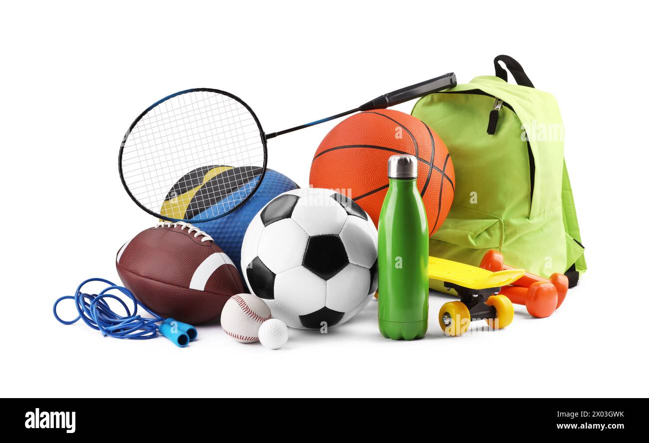 Many different sports equipment isolated on white Stock Photo - Alamy