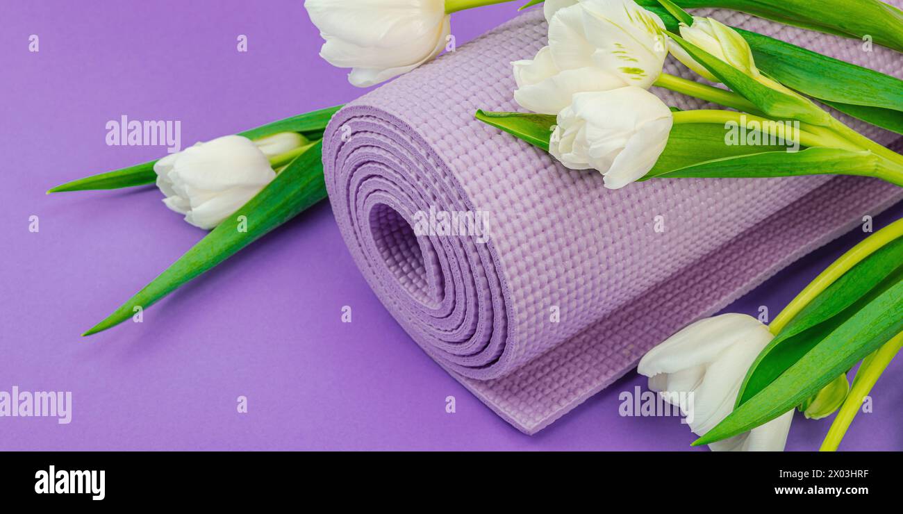 Yoga time concept. Traditional yoga mat, block and sticker. Healthy ...