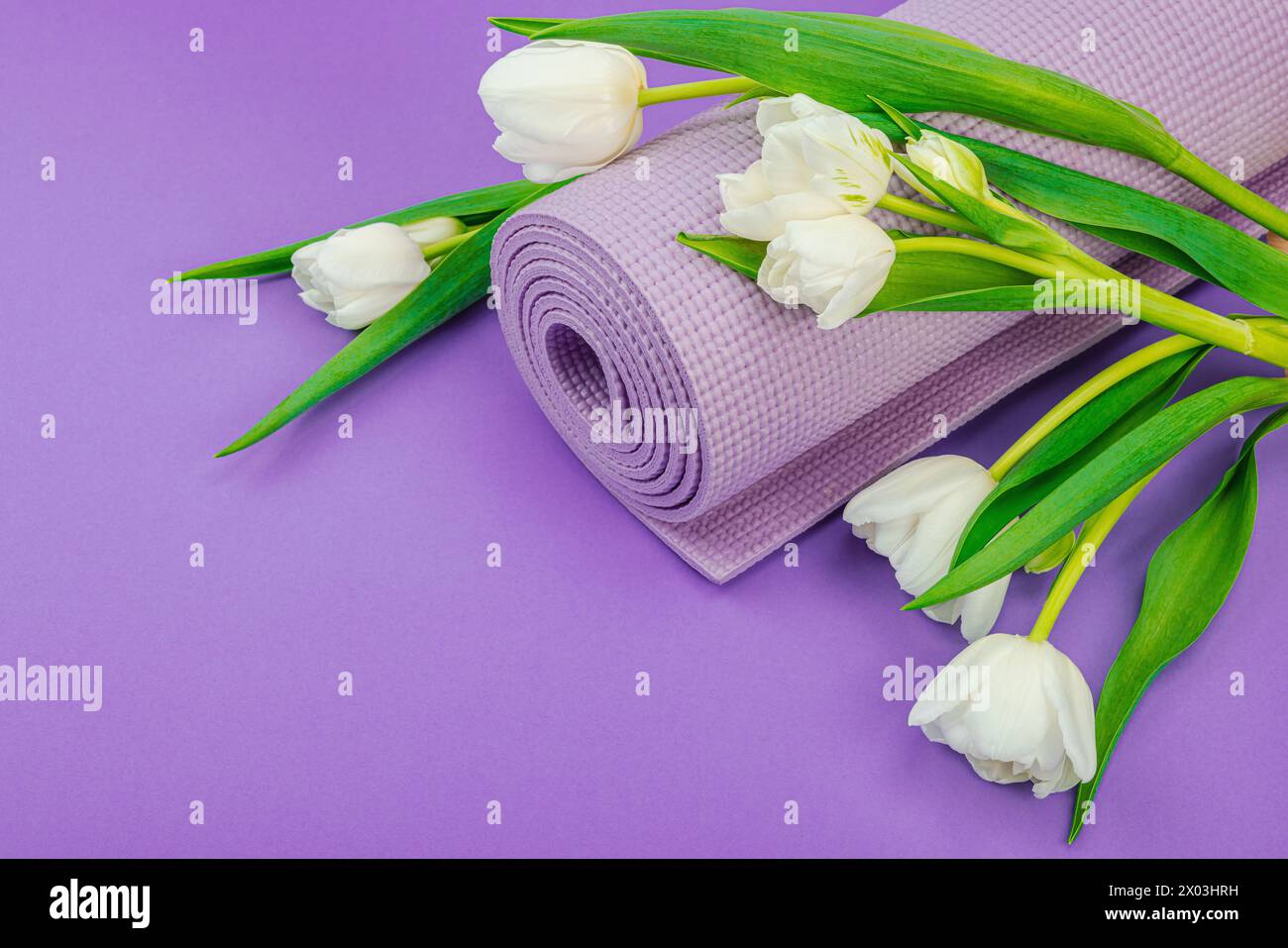 Yoga time concept. Traditional yoga mat, block and sticker. Healthy ...