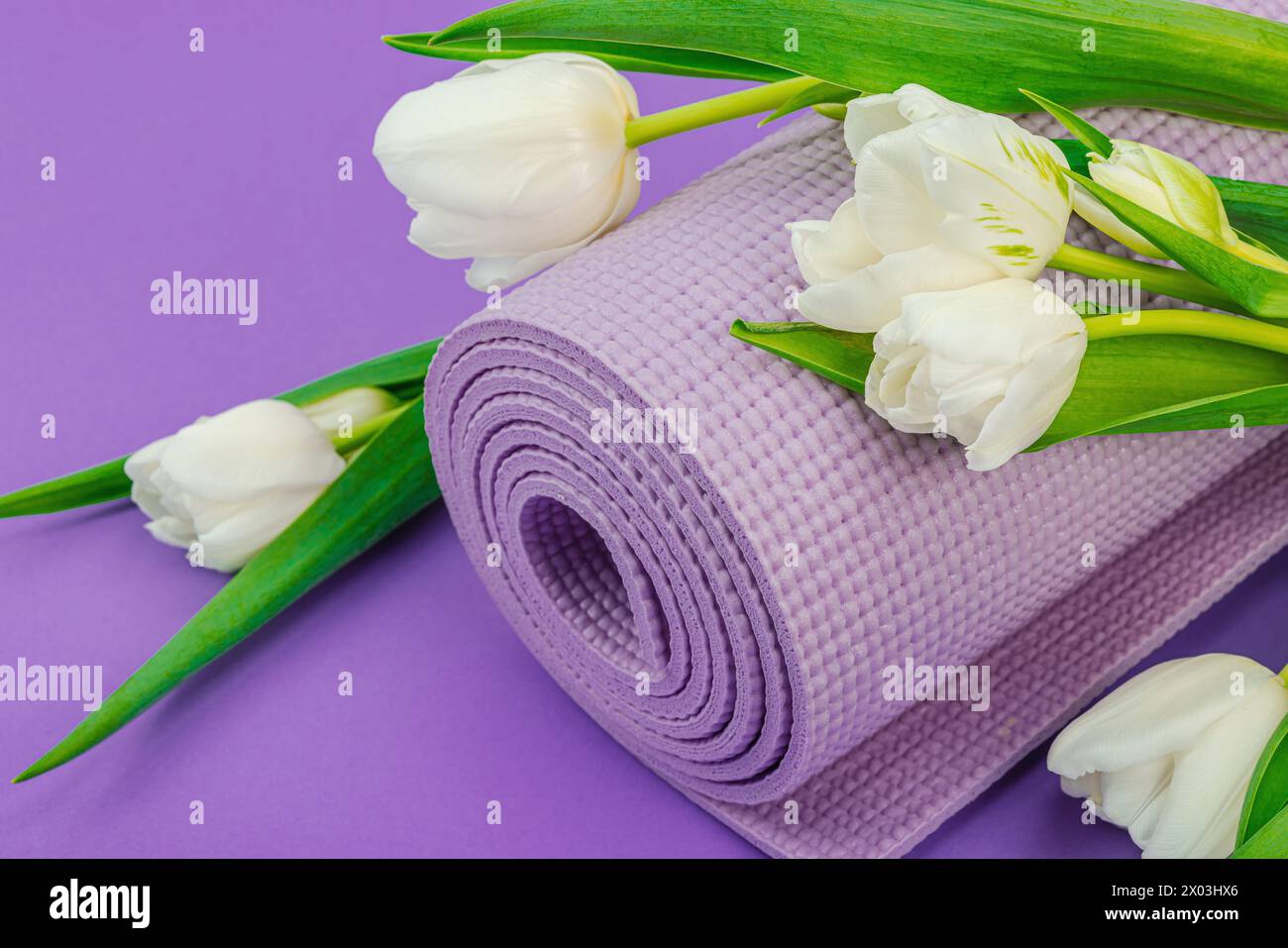 Yoga time concept. Traditional yoga mat, block and sticker. Healthy ...