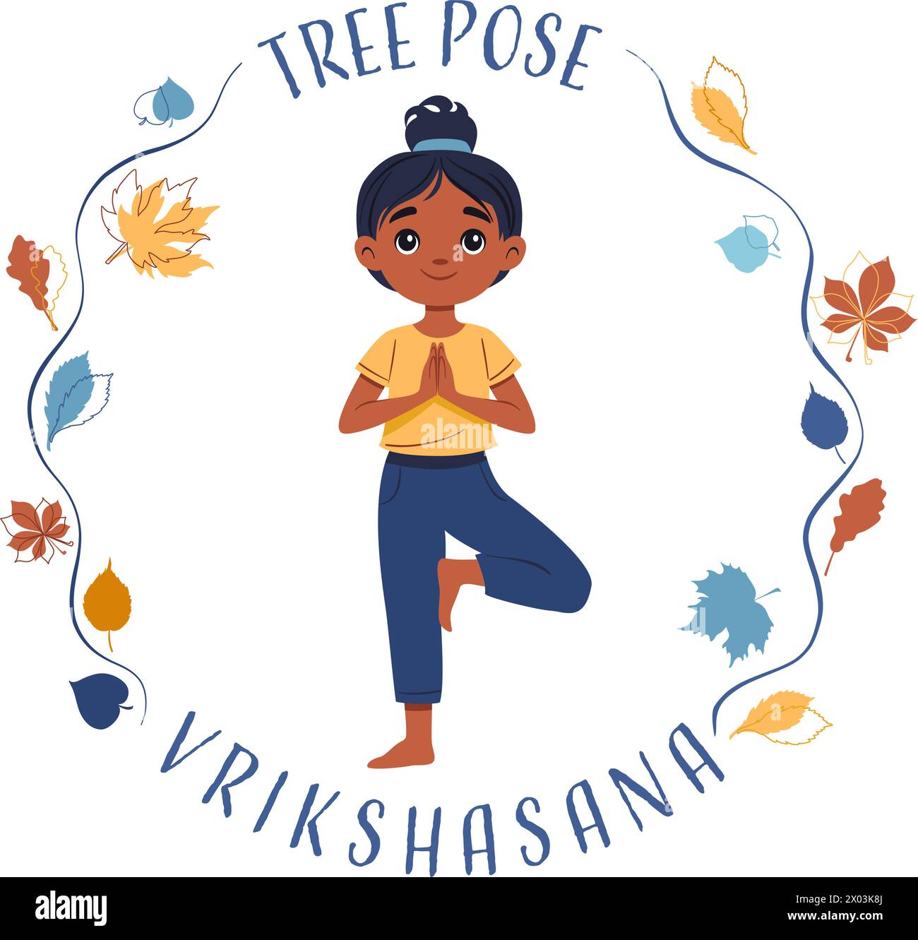 Kid girl doing yoga tree pose Vrikshasana. Fitness concept. Flat vector ...